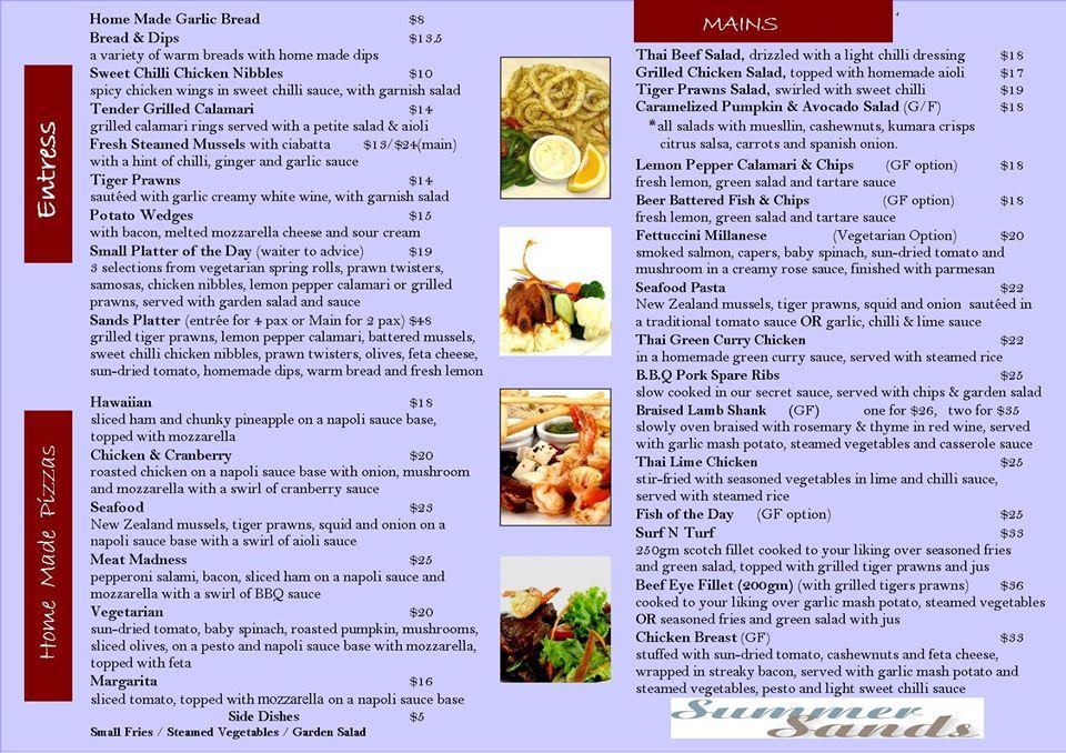 Menu at Summer Sands cafe, Tauranga