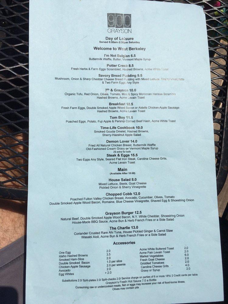 Menu at 900 Grayson restaurant, Berkeley