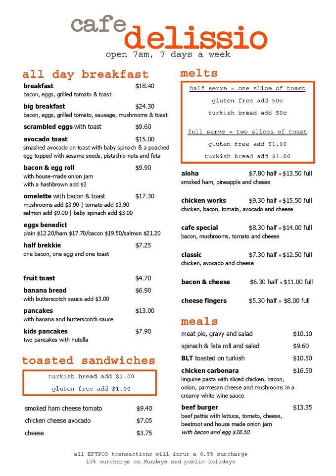 Menu at Café Delissio restaurant, Dubbo, 385 Wheelers Ln