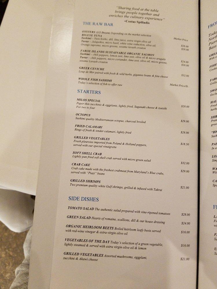 Menu at estiatorio Milos Montreal restaurant, Montréal
