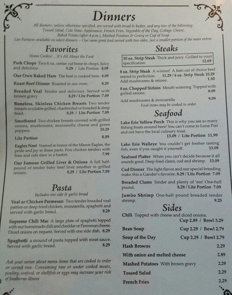 Menu at Gander's Family Restaurant, Luna Pier