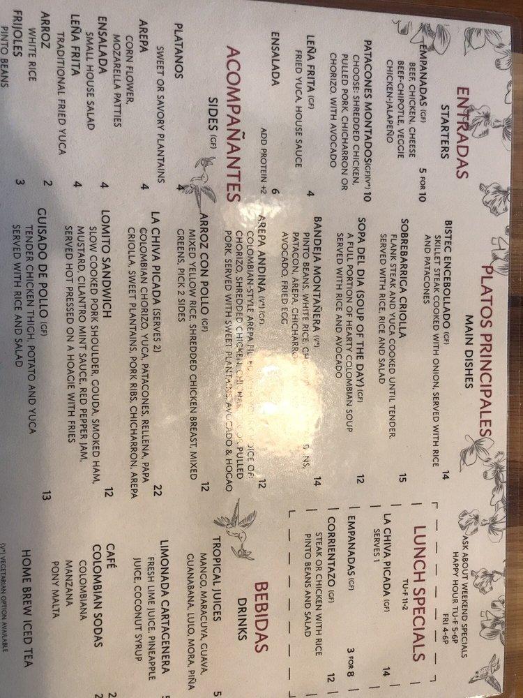 Carta del pub y bar La Chiva Colombian Cuisine, Denver, S Broadway