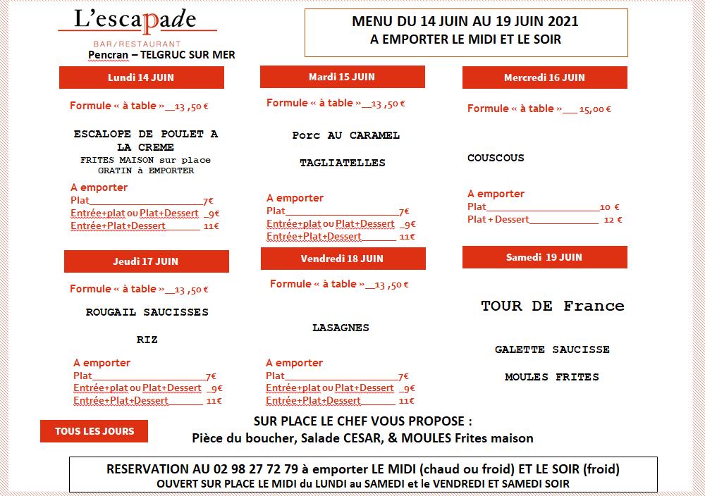 Menu au L'escapade restaurant, Telgruc-sur-Mer, Pencran