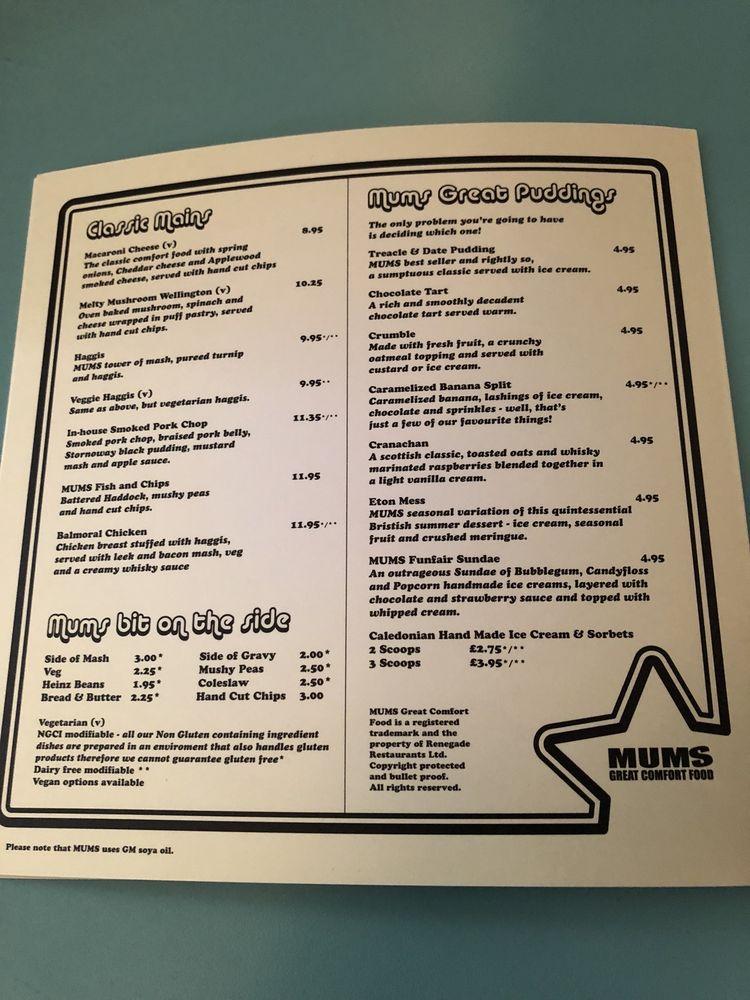 Menu at MUMS Great Comfort Food restaurant, Edinburgh, 4A Forrest Rd