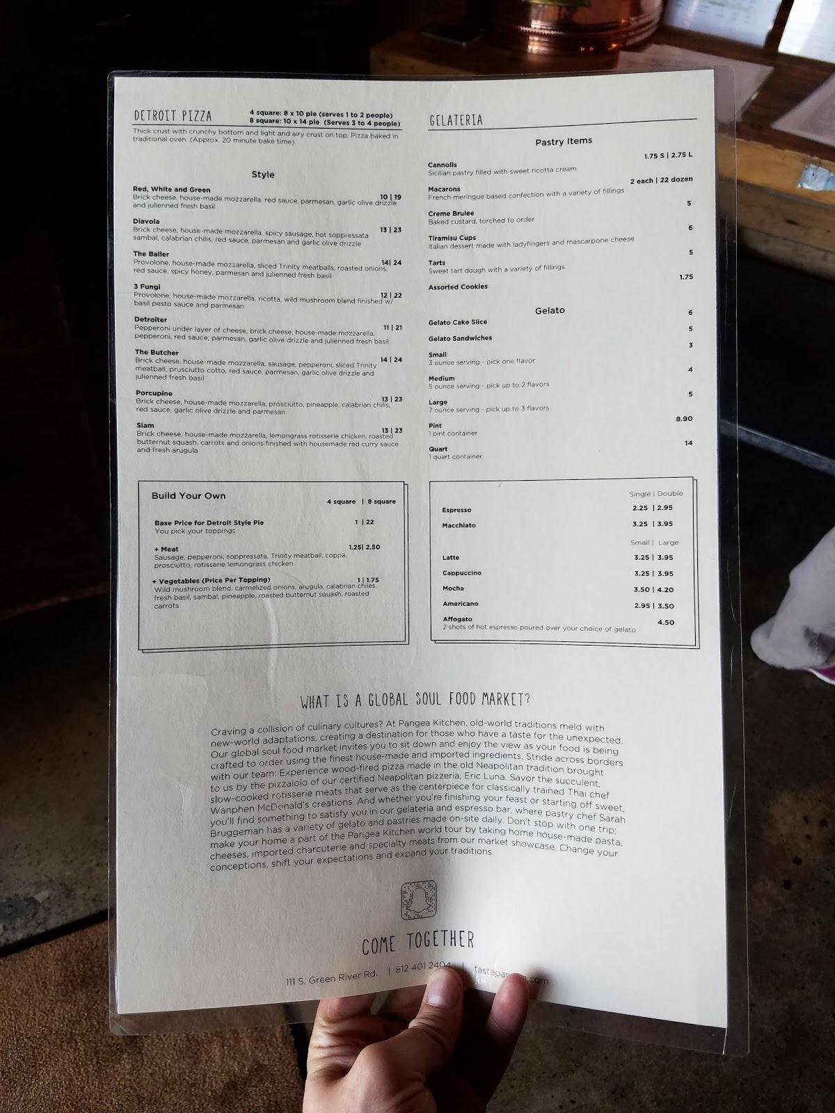 Menu at Pangea Kitchen pizzeria, Evansville