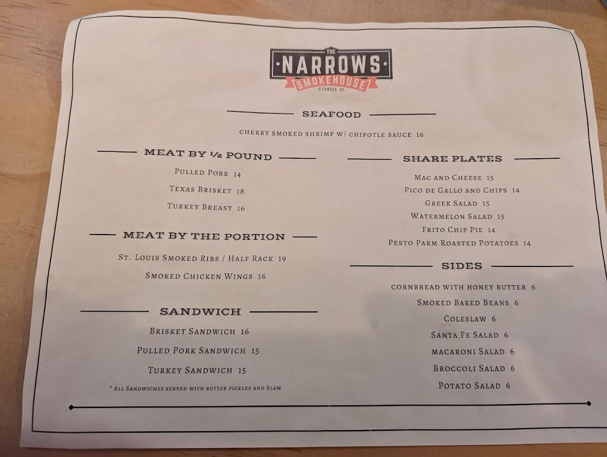Menu at The Narrows Smokehouse restaurant, Sicamous