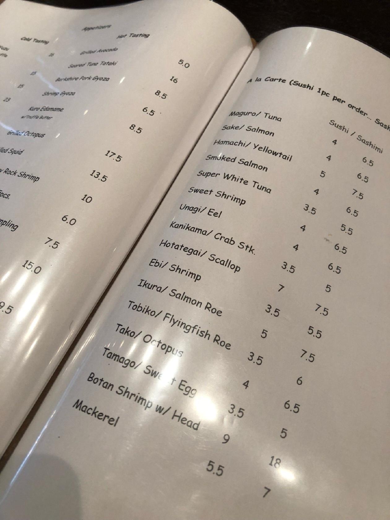 Menu at Wabi Sabi restaurant, Bloomfield