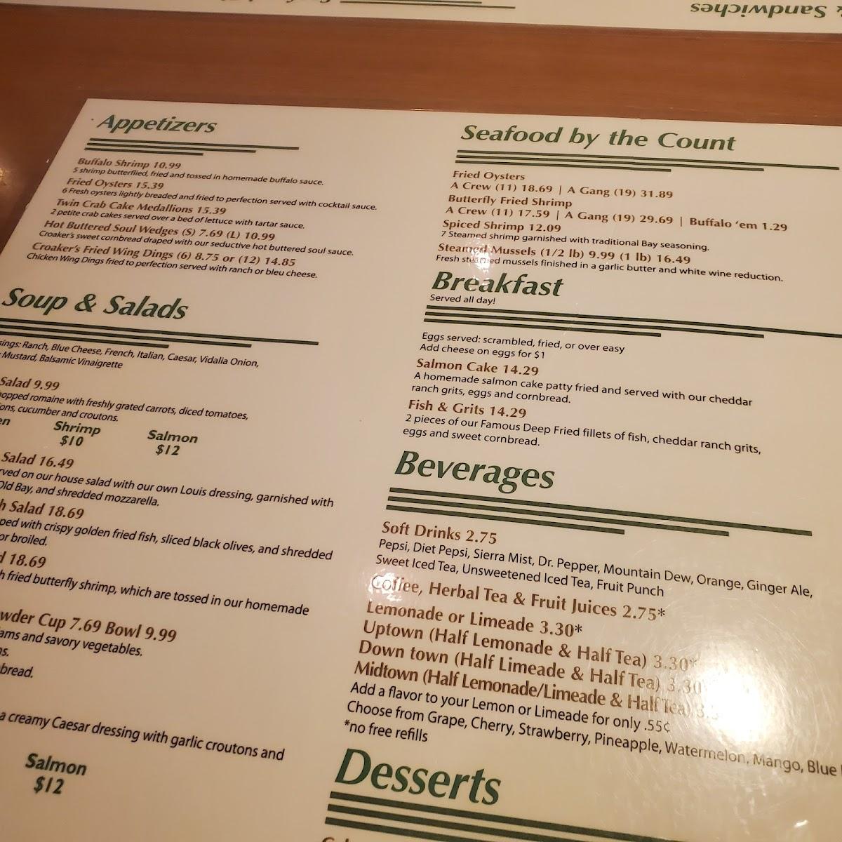 Menu at Croaker's Spot Richmond restaurant, Richmond, Hull St