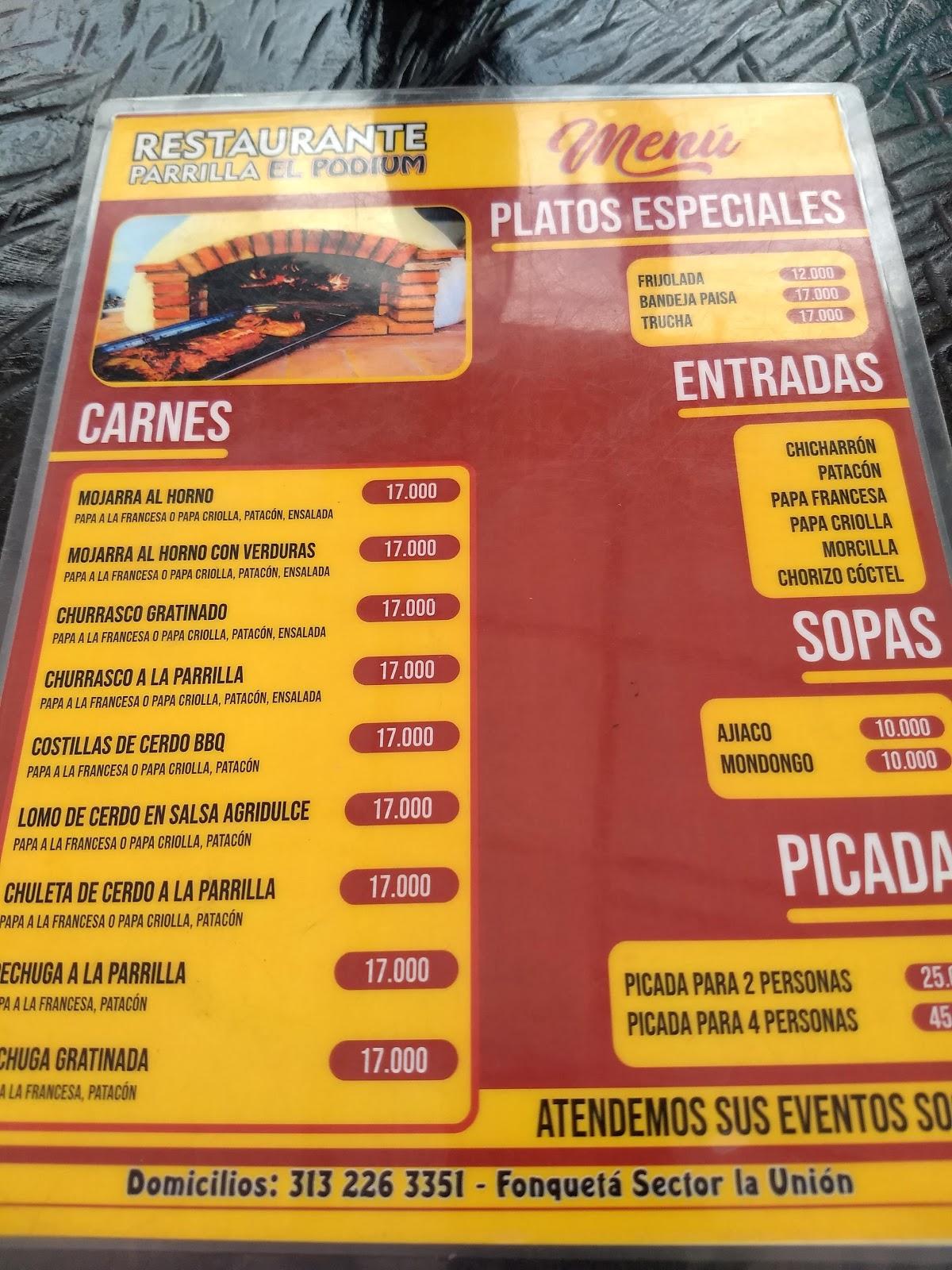 Menu at El Podium restaurant, Chía