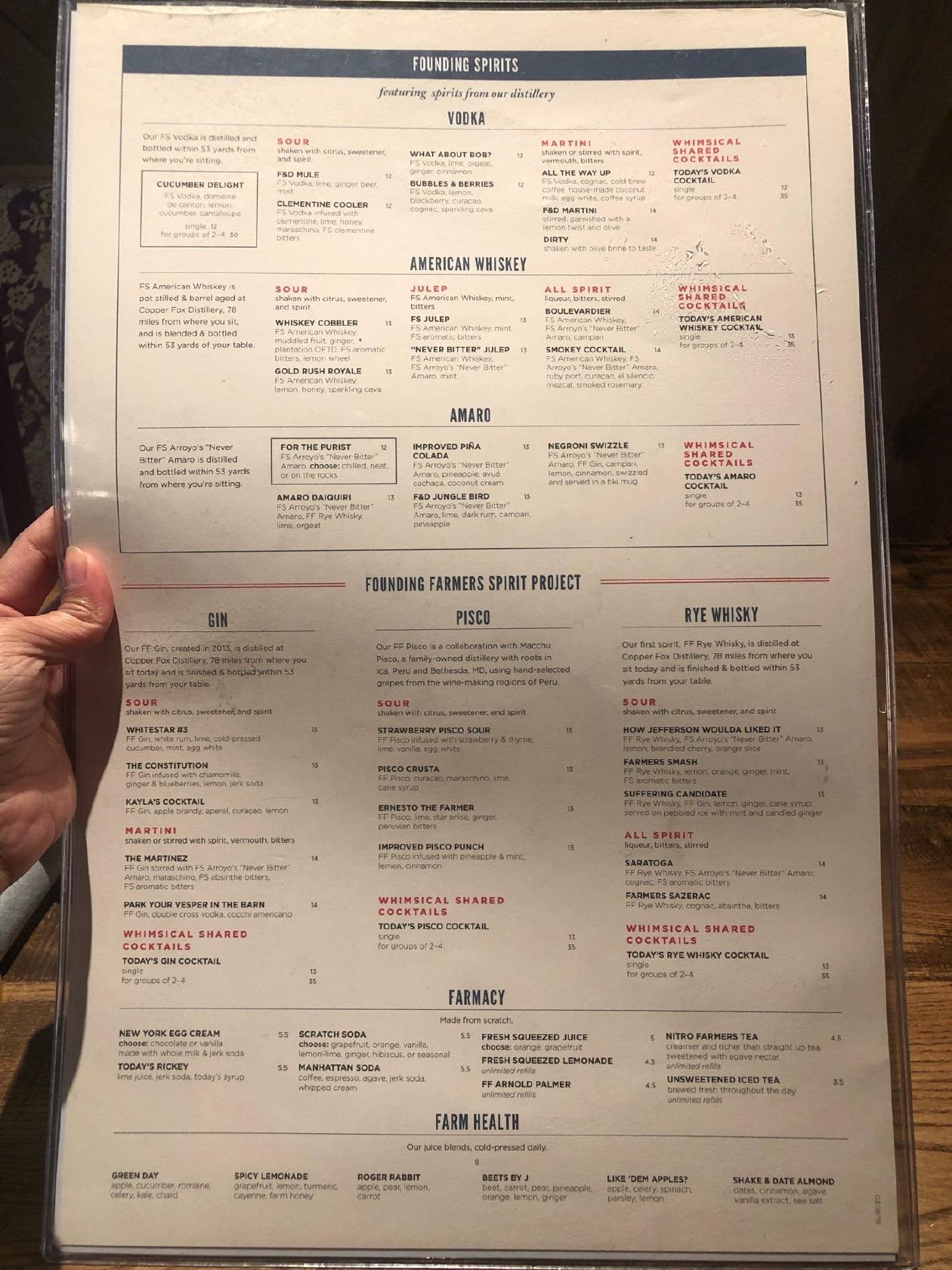 Menu at Founding Farmers & Distillers restaurant, Washington