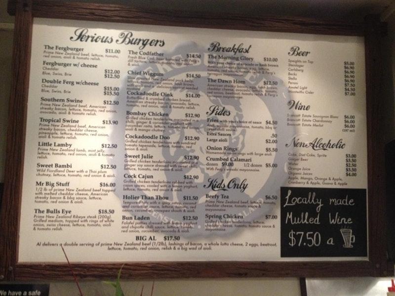Menu at Fergburger restaurant, Queenstown