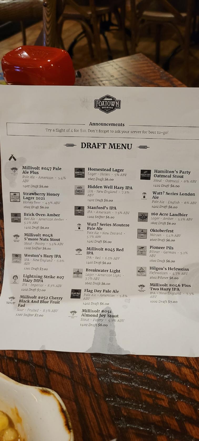 Menu at Foxtown Brewing restaurant, Mequon