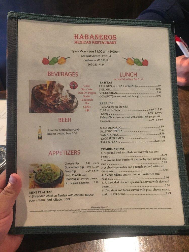 Menu at Habaneros restaurant, Coldwater