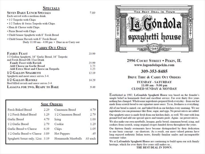 Menu at LaGondola restaurant, Pekin