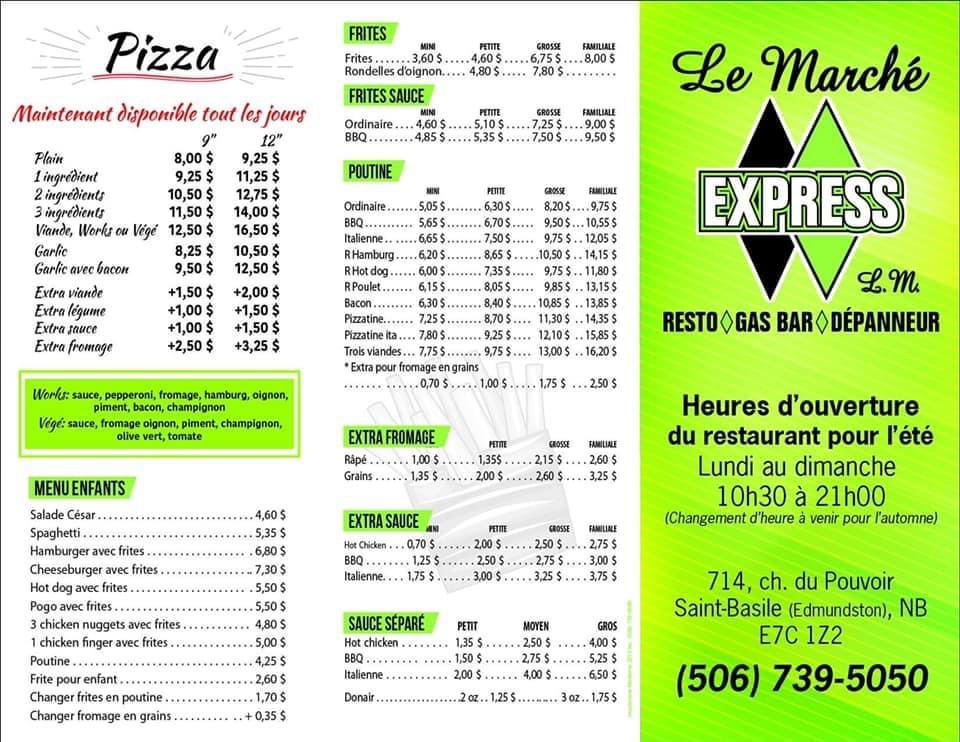 Menu au Le Marché Express restaurant, Edmundston