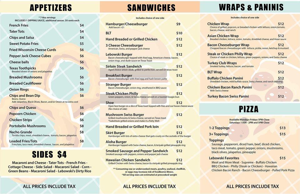 Menu at Lebowski’s of Washington Iowa pub & bar, Washington