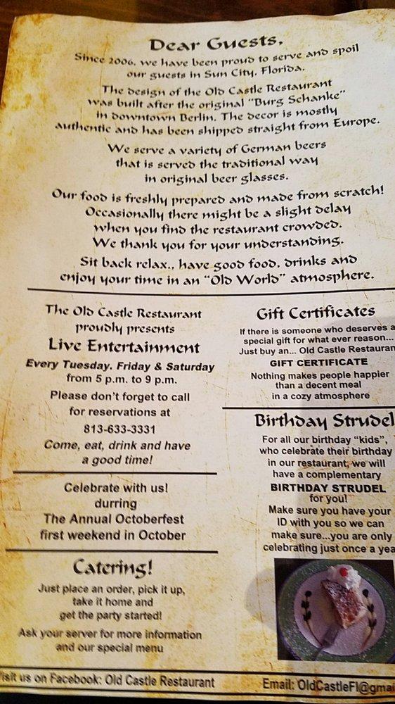 Menu at Old Castle Restaurant, Ruskin, Sun City Center Blvd UNIT 107