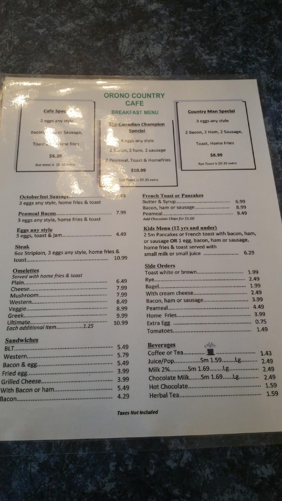 Menu at Orono Country Cafe, Orono