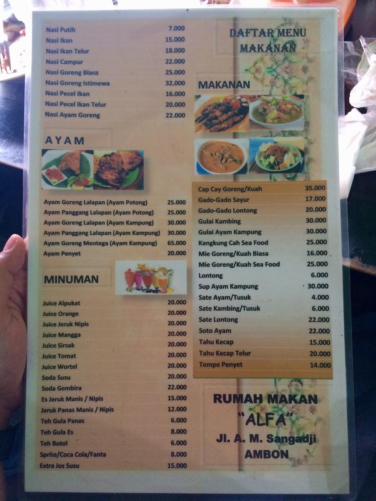 Menu at RM. Alfa restaurant, Teluk Ambon