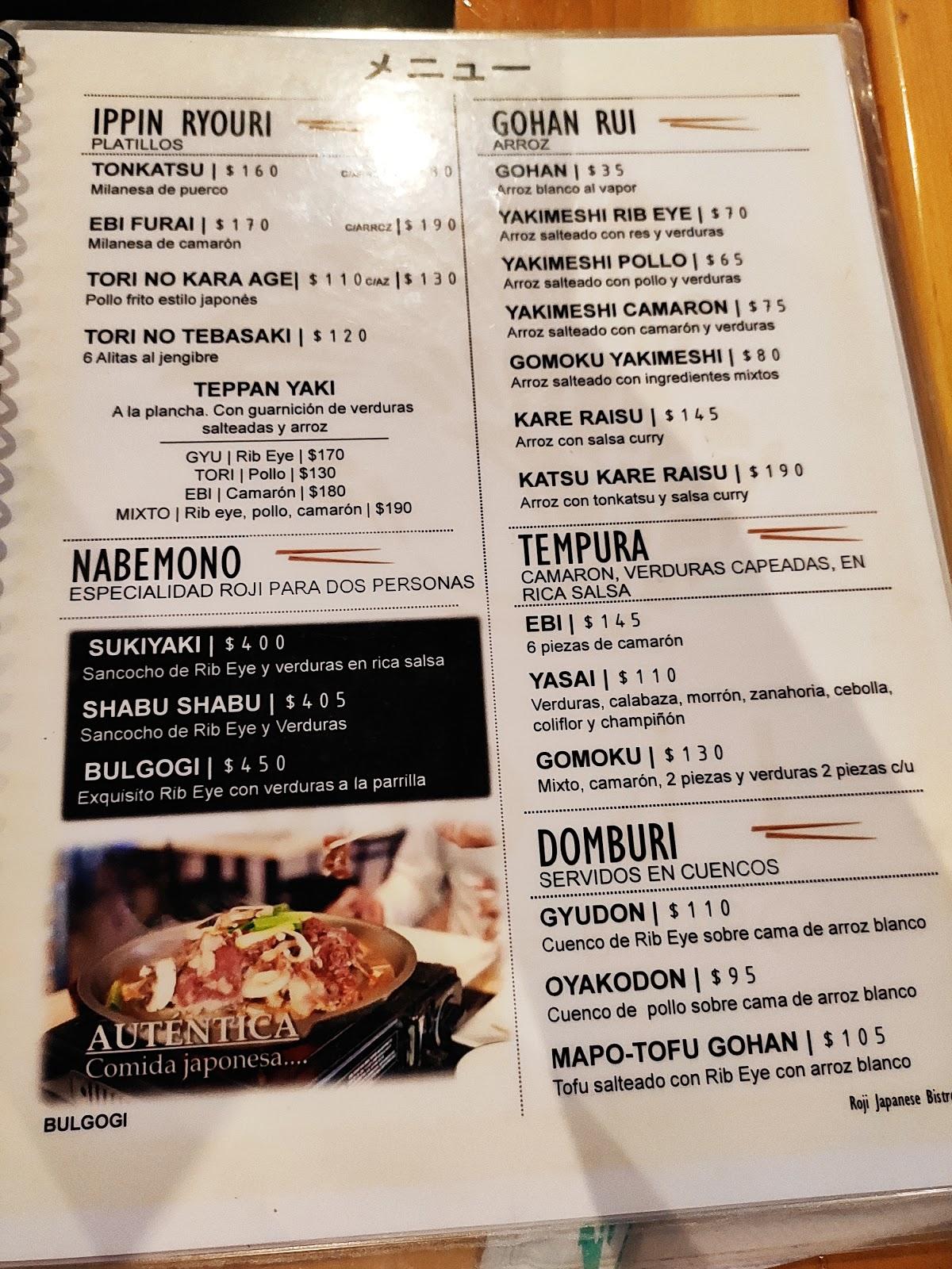 Carta del restaurante Roji Japanese Bistro, Ciudad Juarez