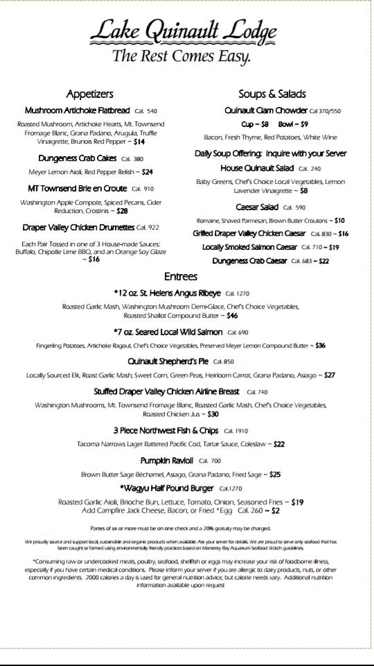 Menu at Roosevelt Dining Room restaurant, Quinault
