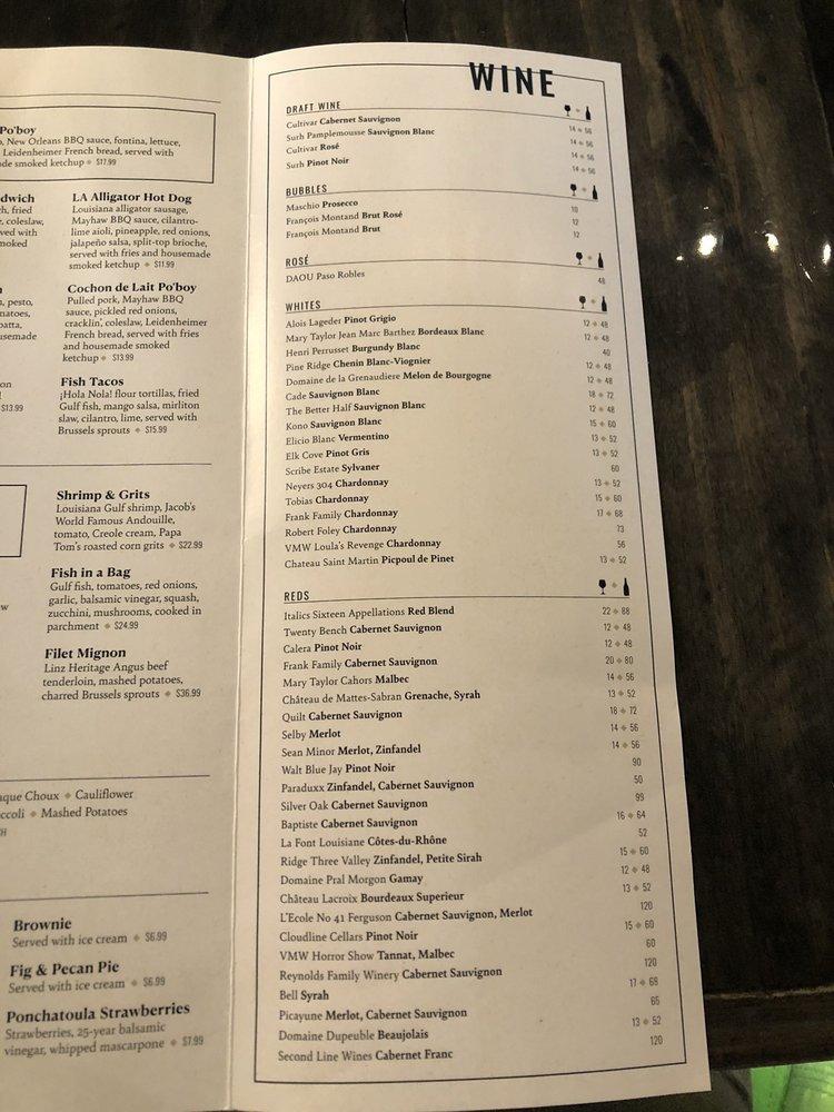 Menu at SoLou restaurant, Baton Rouge