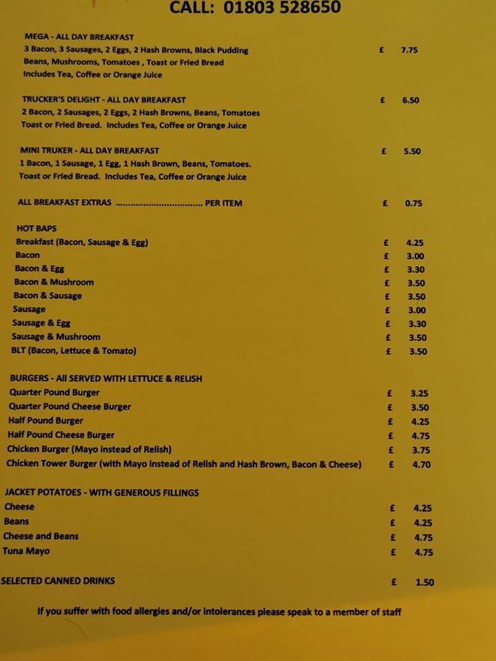 Menu at Sunshine Cafe, Paignton