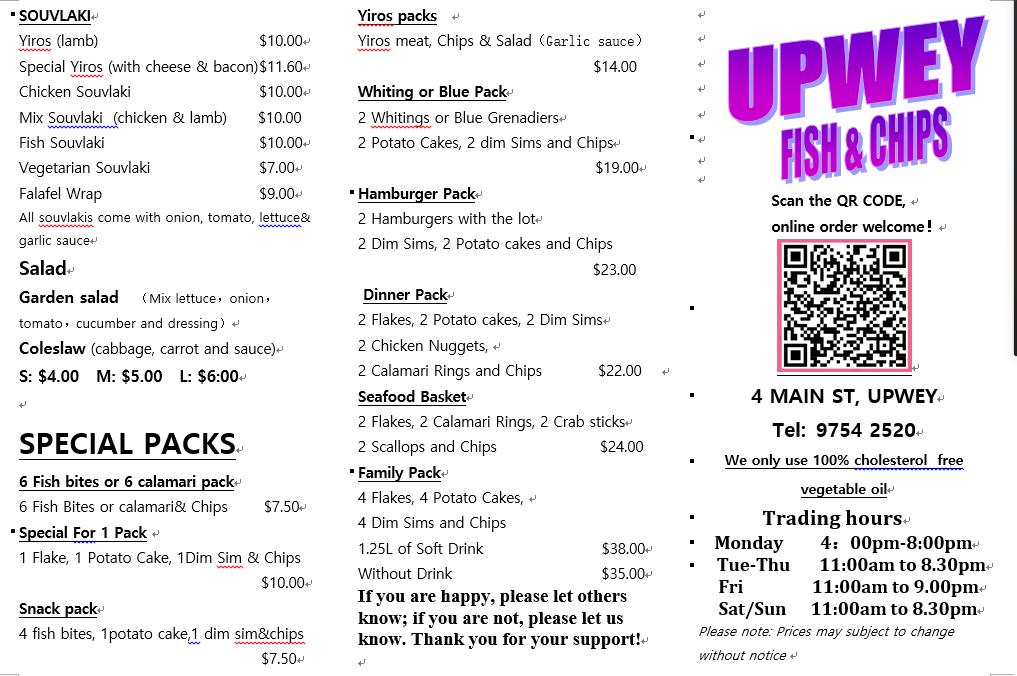 Menu at Upwey Fish & Chips fast food, Upwey