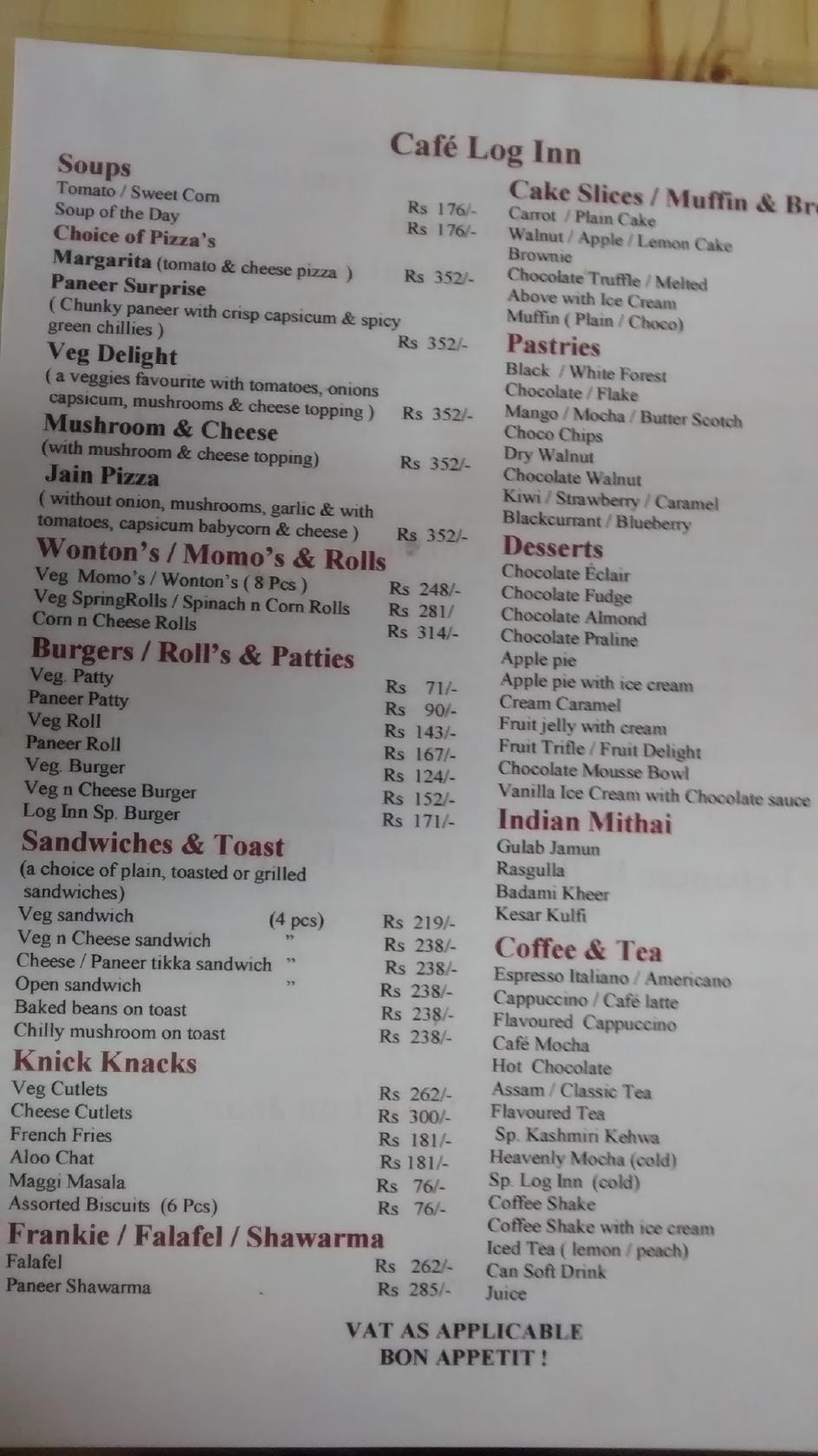 Menu at Café Log Inn, Pahalgam, +362