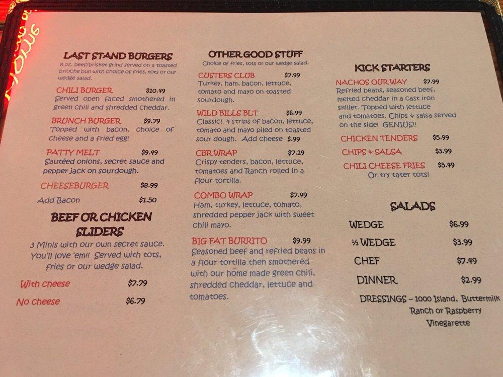 Menu at Custer Crossing Campground and Last StandCafe, USA