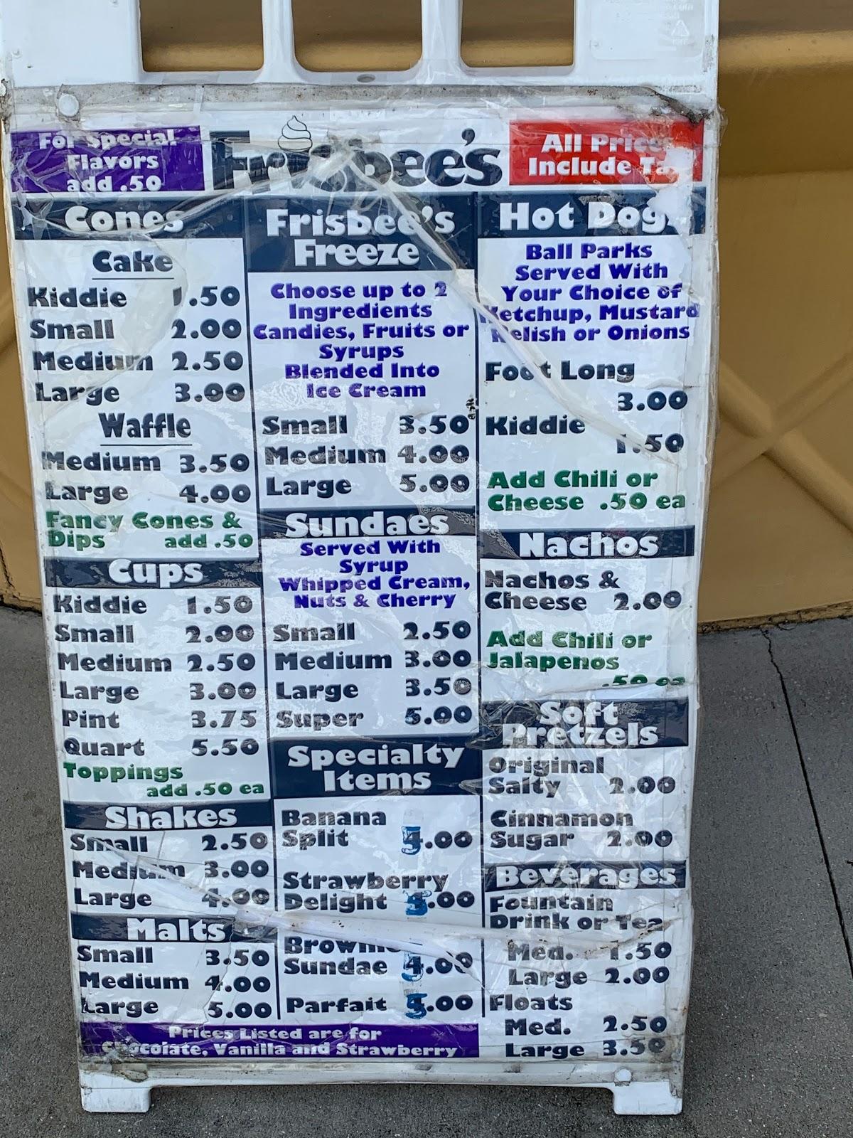 Menu at Frisbee's fast food, Mims