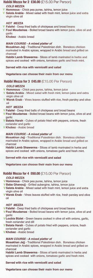 Menu at Habibi Restaurant, Coventry