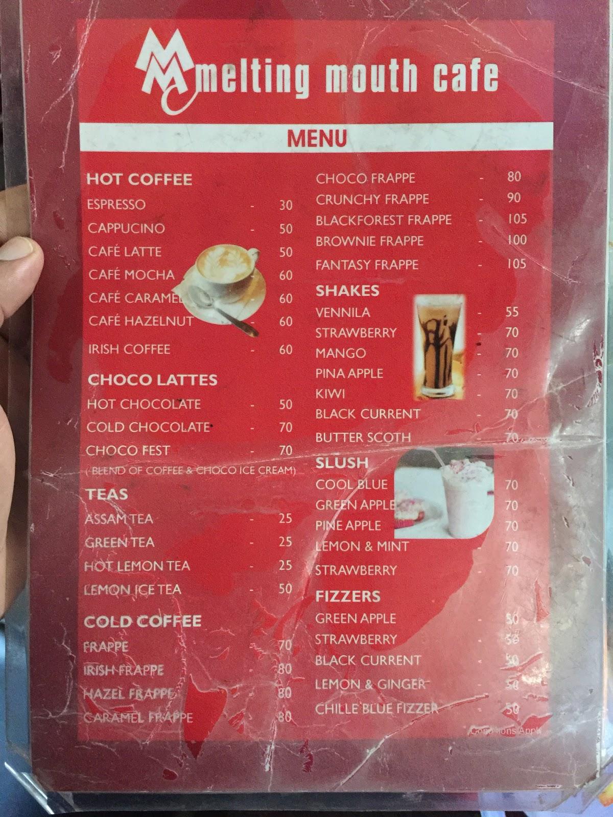 Menu at Melting Mouth Cafe, Pillayarkuppam