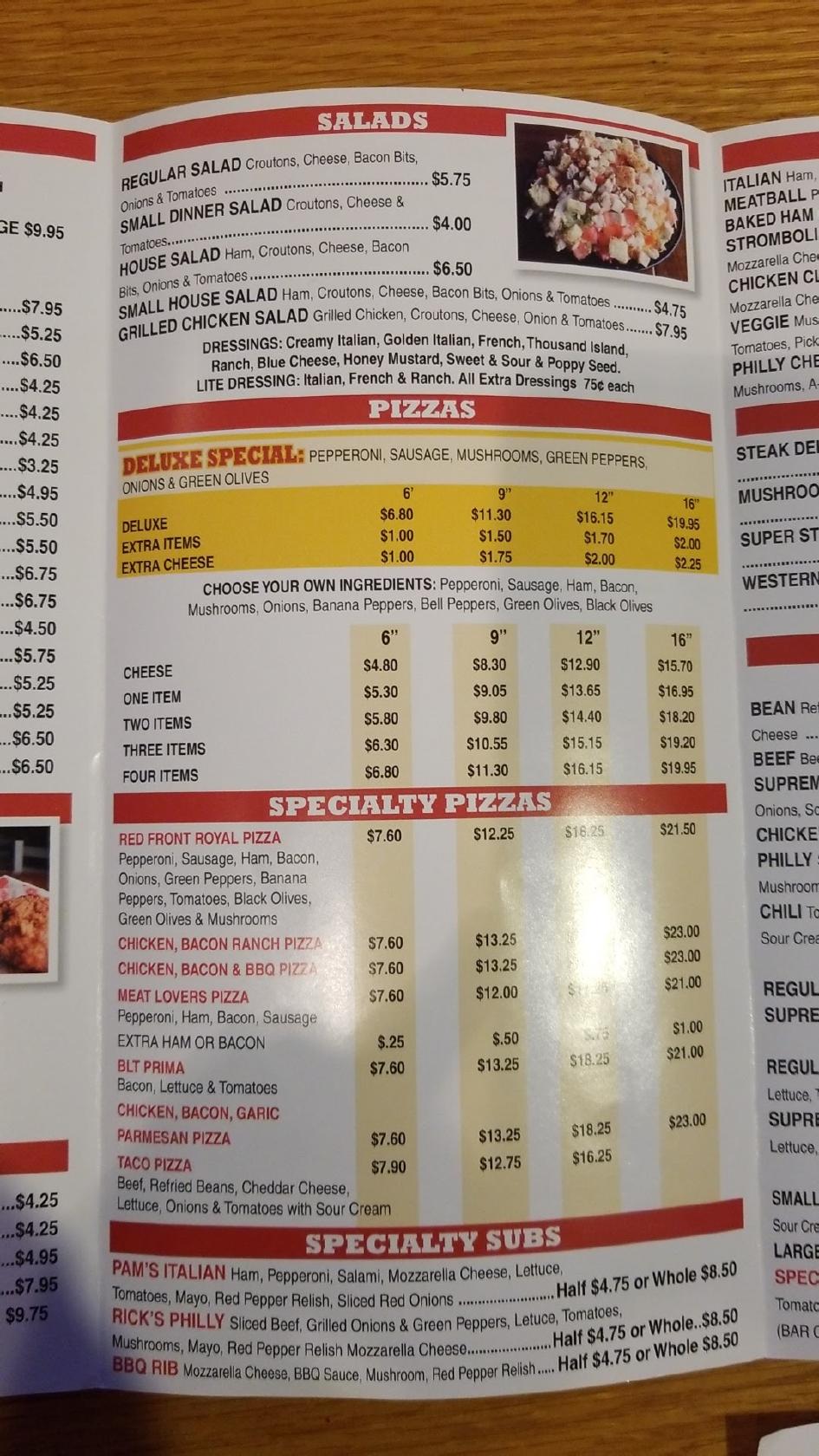 Menu at Red Front Inn pizzeria, New Paris