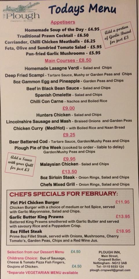 Menu at Plough Inn pub & bar, Bingham, Main Street