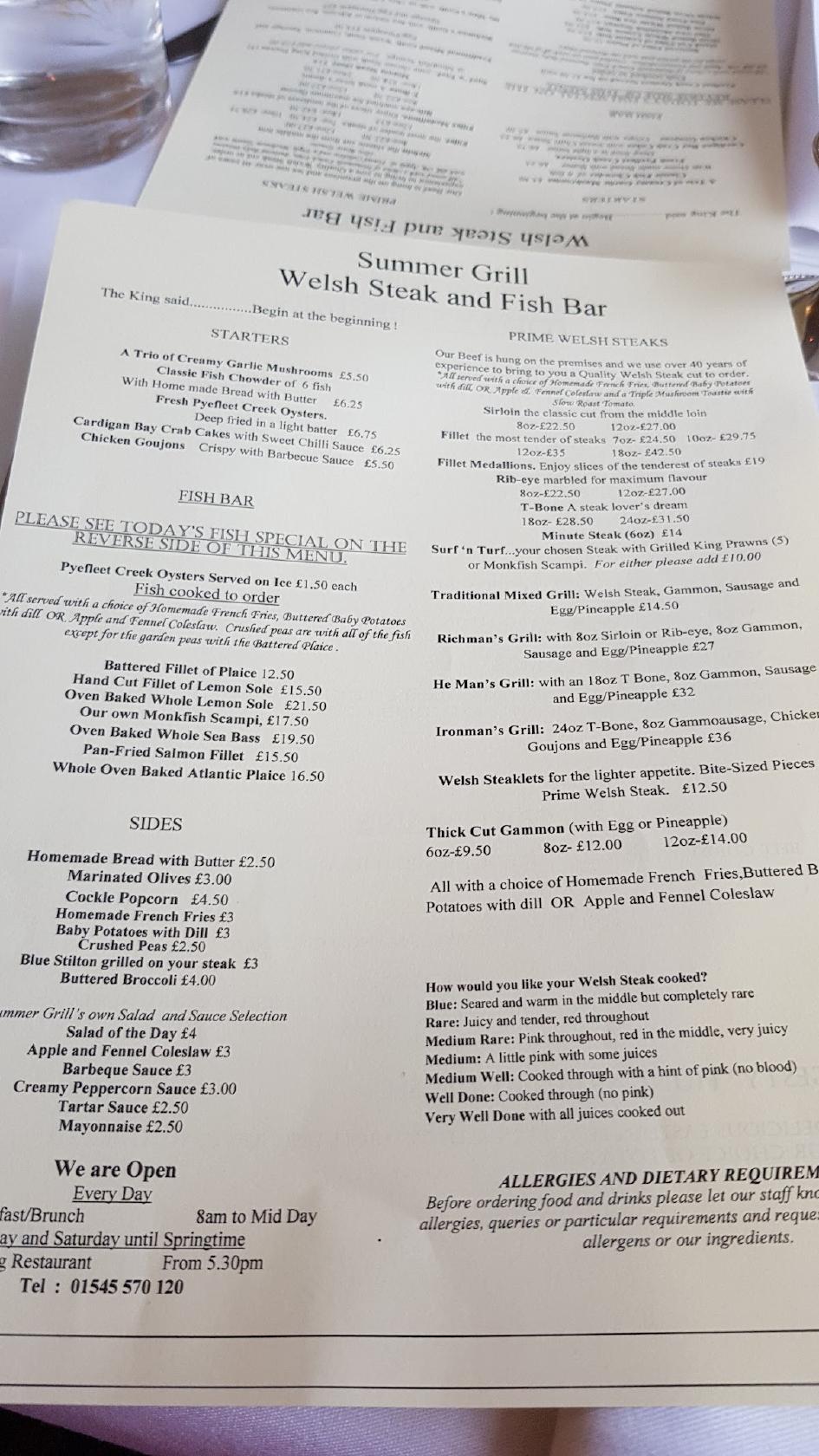 Menu at The Summer Grill restaurant, Aberaeron