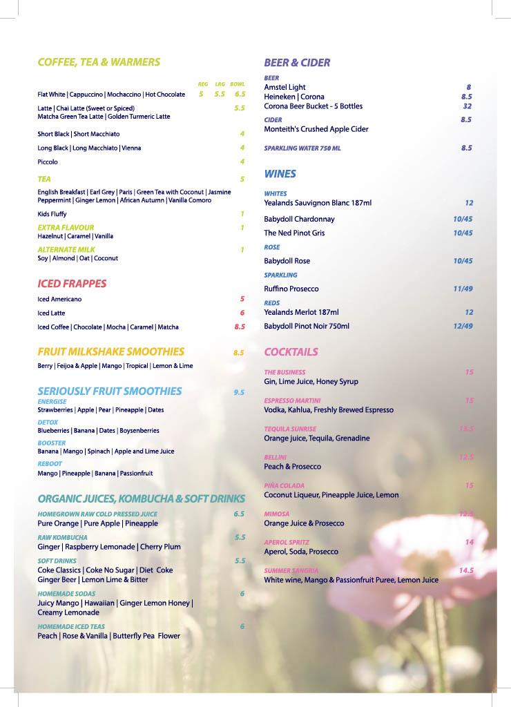 Menu at Constellation Cafe, Auckland