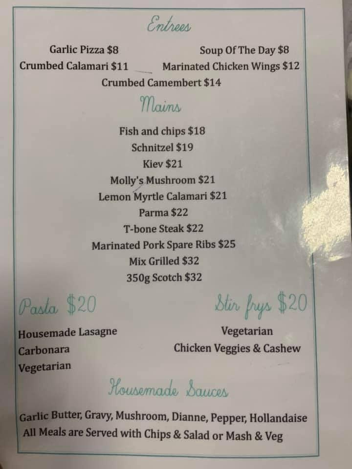 Menu at Davo’s Bistro restaurant, Terang