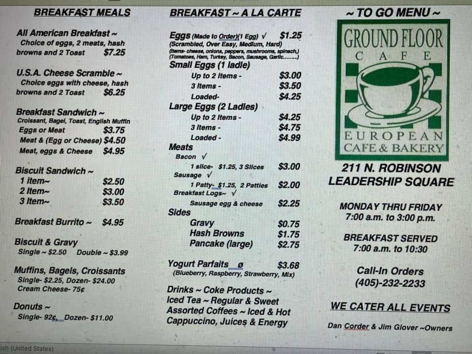 Menu at Ground Floor Cafe & Bakery, Oklahoma City