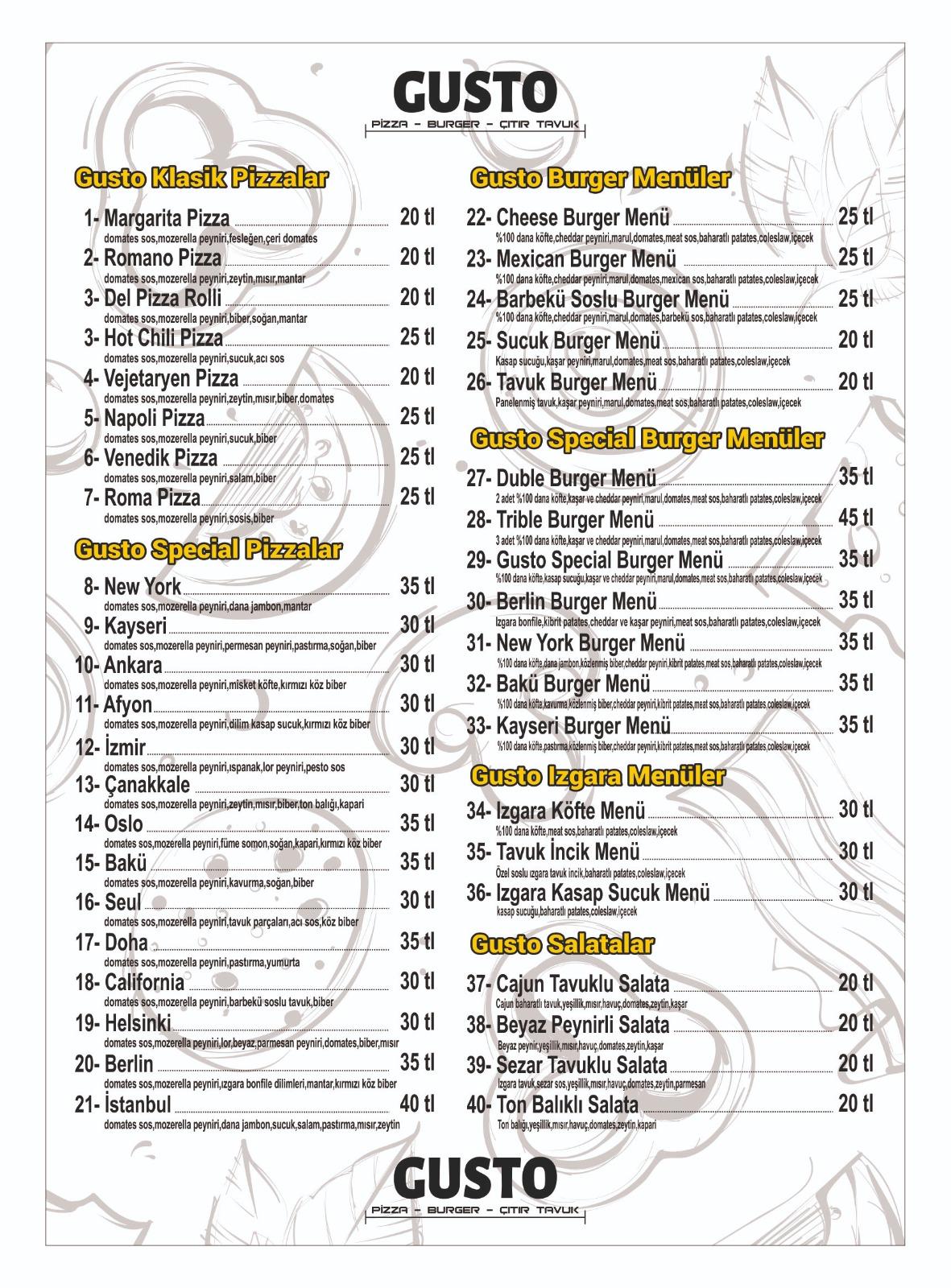 Carta de Gusto Burger & Pizza, Alaşehir