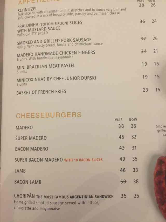 Menu at MADERO steakhouse, Brasília, SCS Loja 619