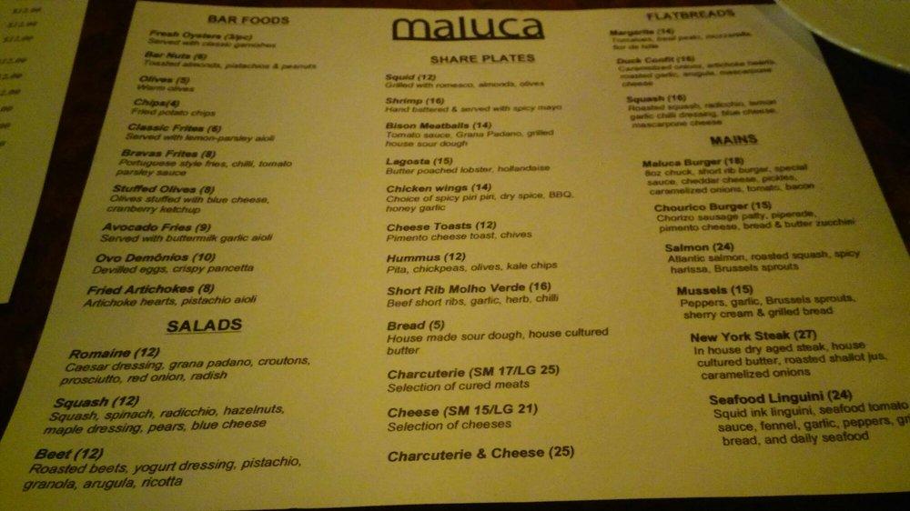 Menu at Maluca pub & bar, Oakville