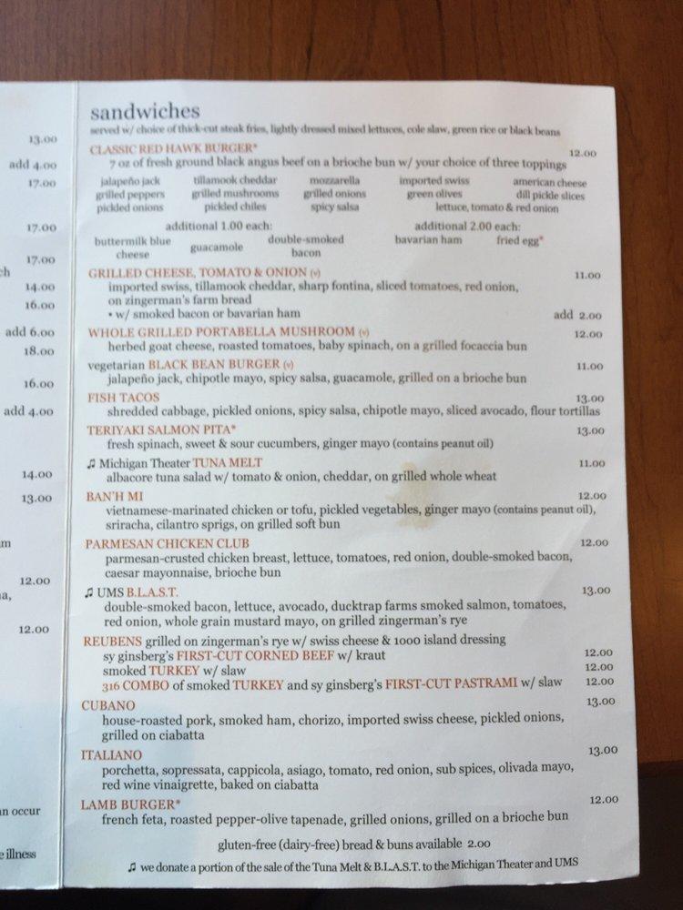 Menu at Red Hawk Bar & Grill, Ann Arbor