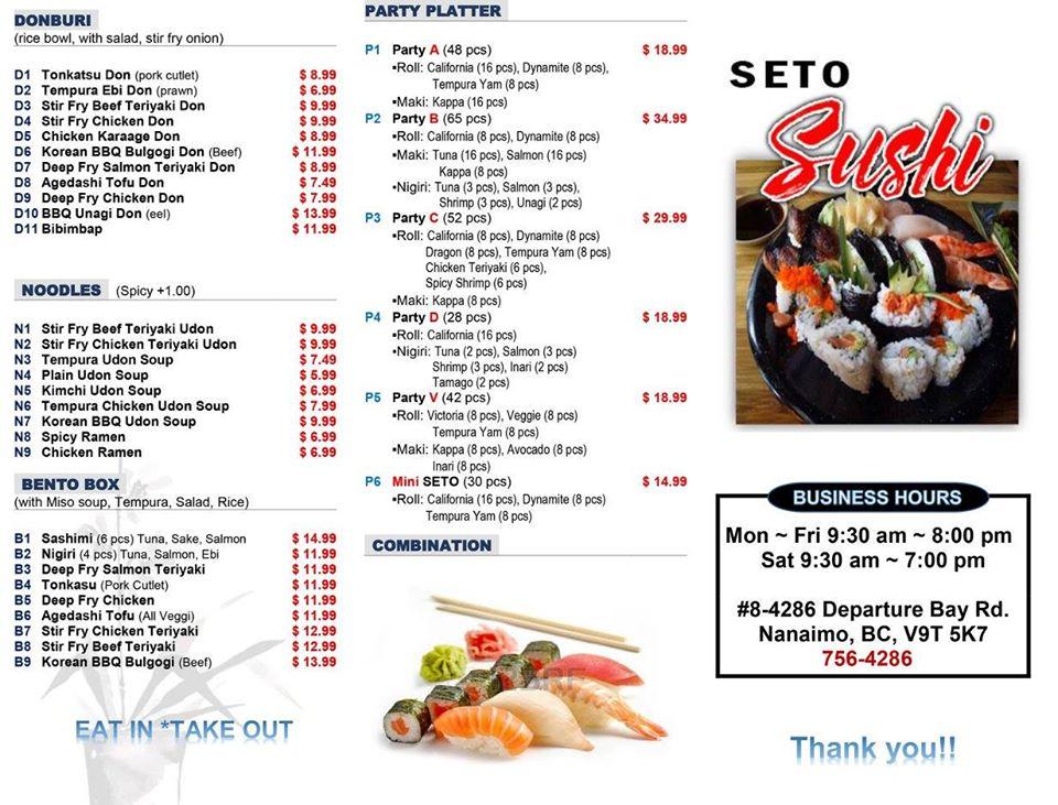 Menu at Seto Sushi restaurant, Nanaimo