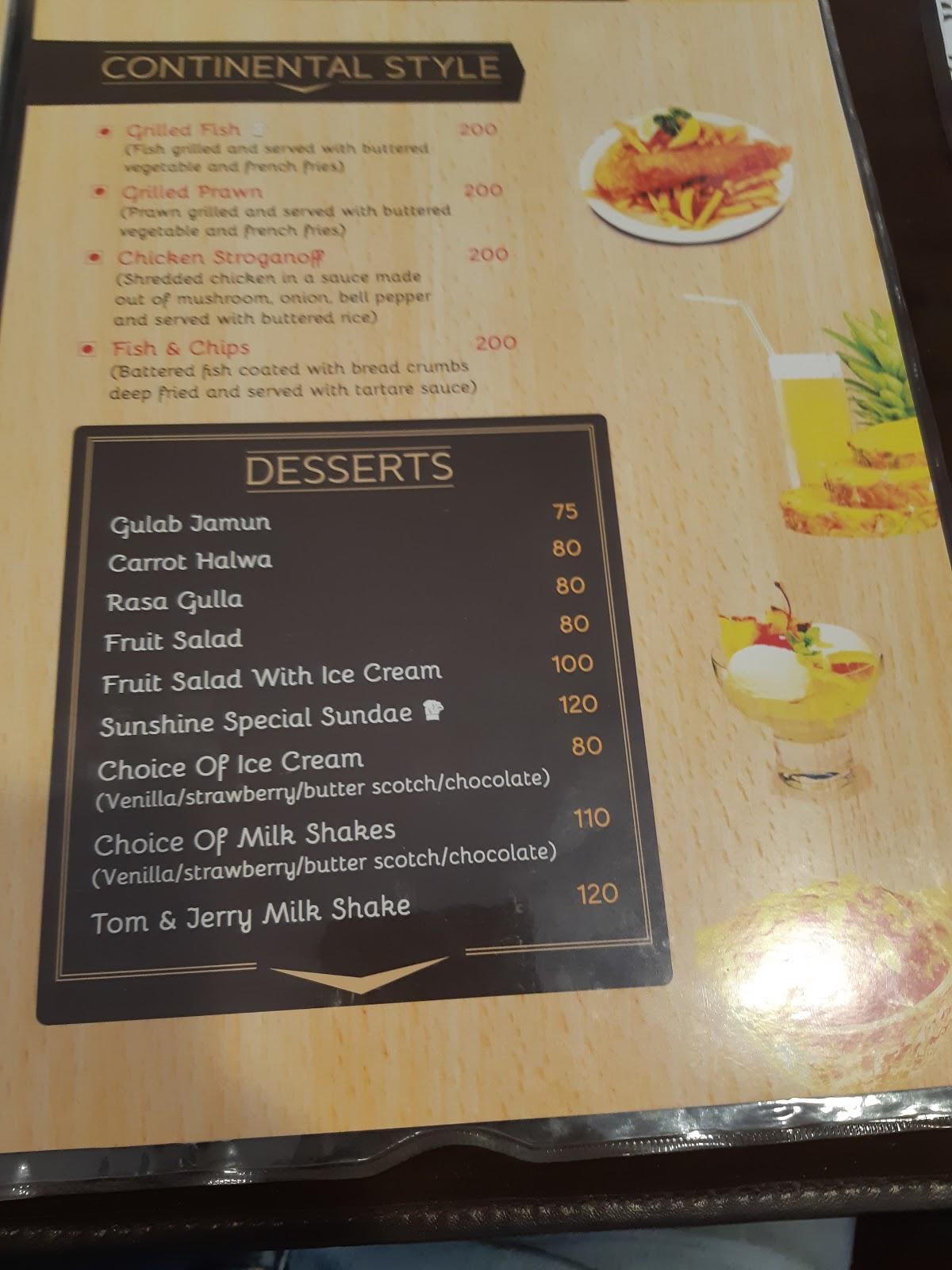 Menu at Sunny Platter, Madurai