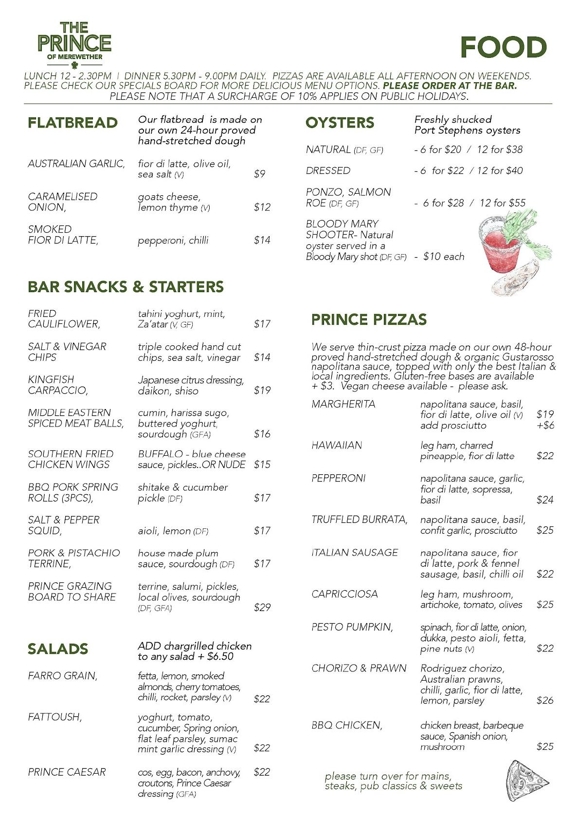 Menu at The Prince of Merewether restaurant, Merewether