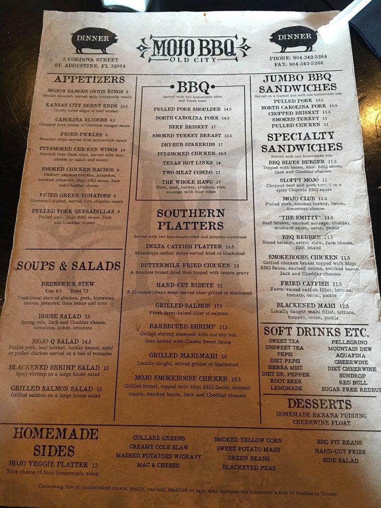 Menu at Mojo Old City BBQ, St. Augustine