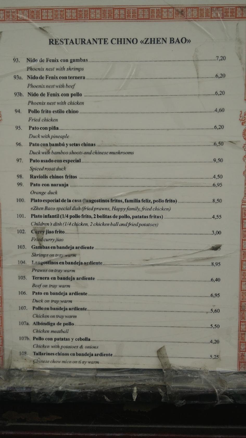Carta de Restaurante Chino Zhen Bao, Huelva