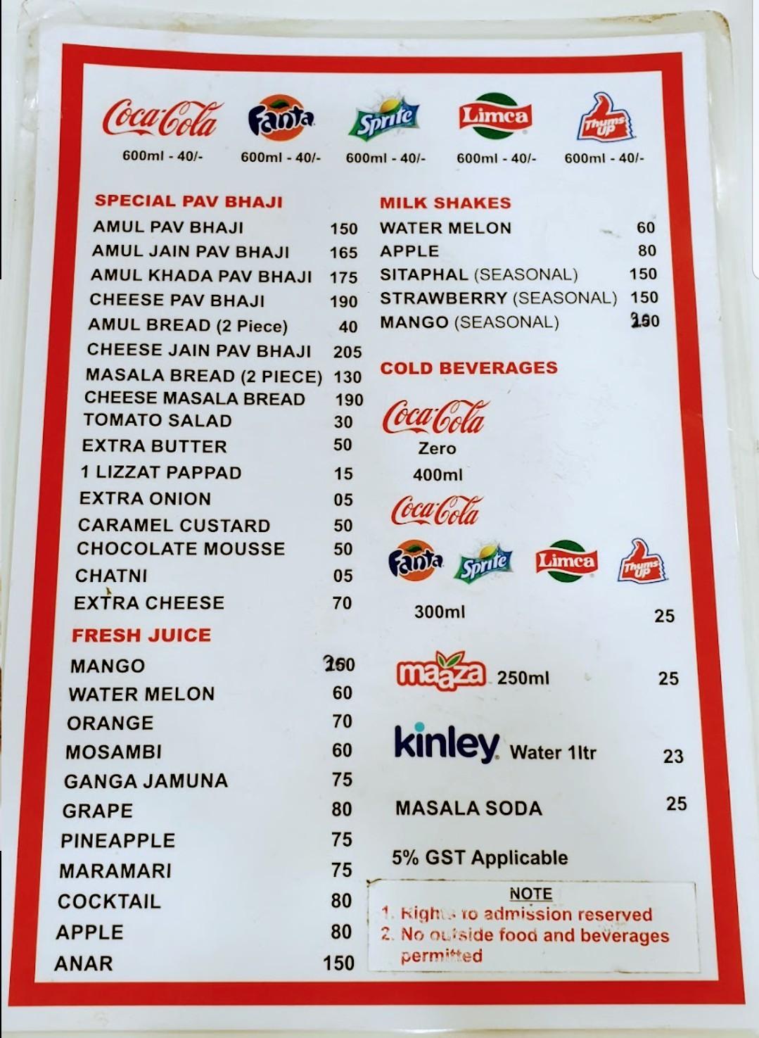 Menu at Sardar Pav Bhaji, Mumbai