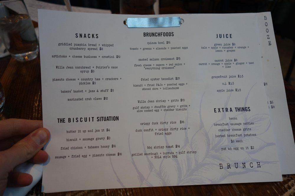 Menu at Willa Jean cafe, New Orleans